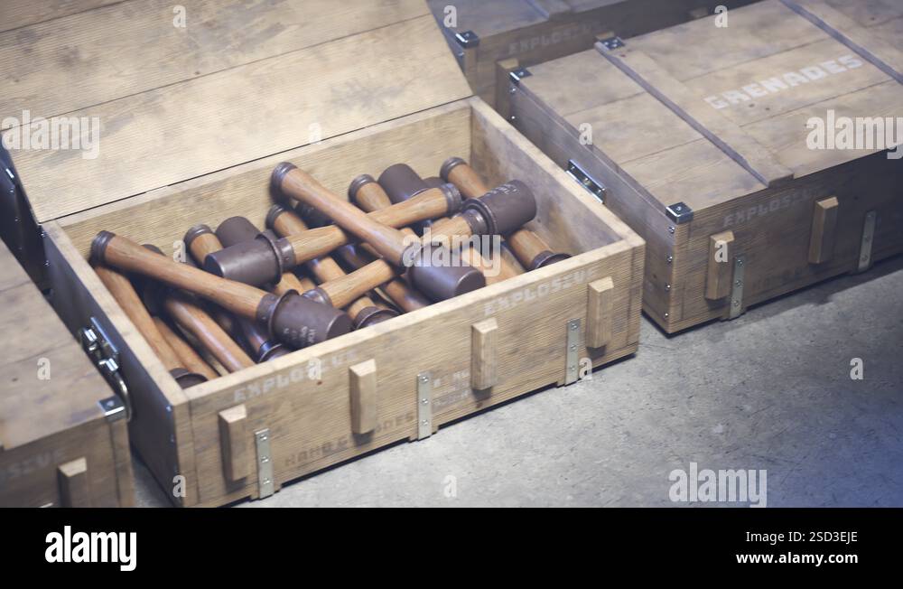 Military boxes with grenades. Huge stack. Warehouse. Endless animation ...