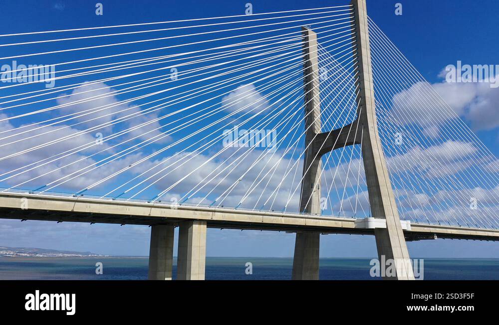 Famous Vasco da Gama Bridge over River Tejo in Lisbon from above Stock ...