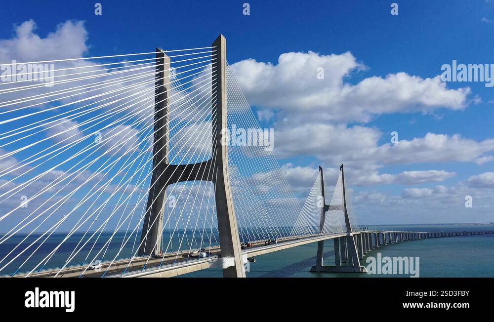 Famous Vasco da Gama Bridge over River Tejo in Lisbon from above Stock ...