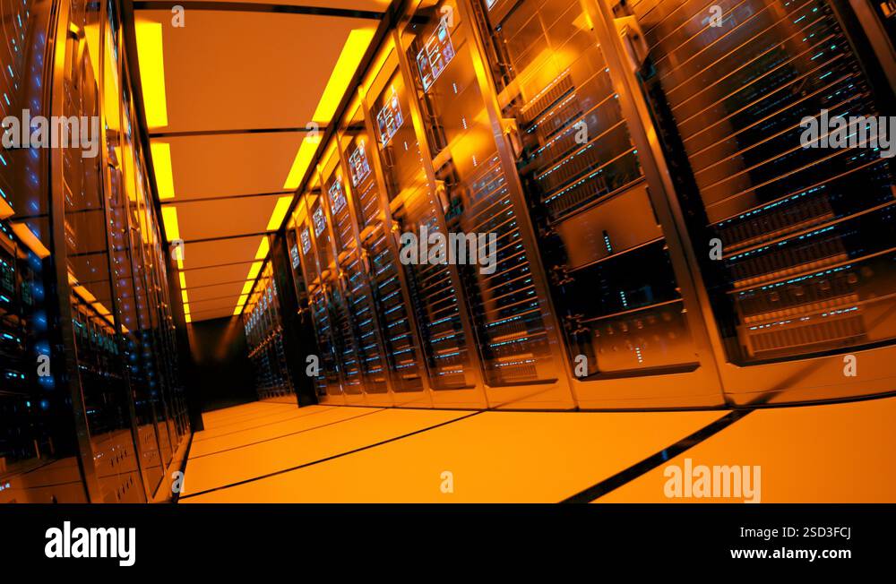Server room corridor illuminated by orange light. Endless looping ...