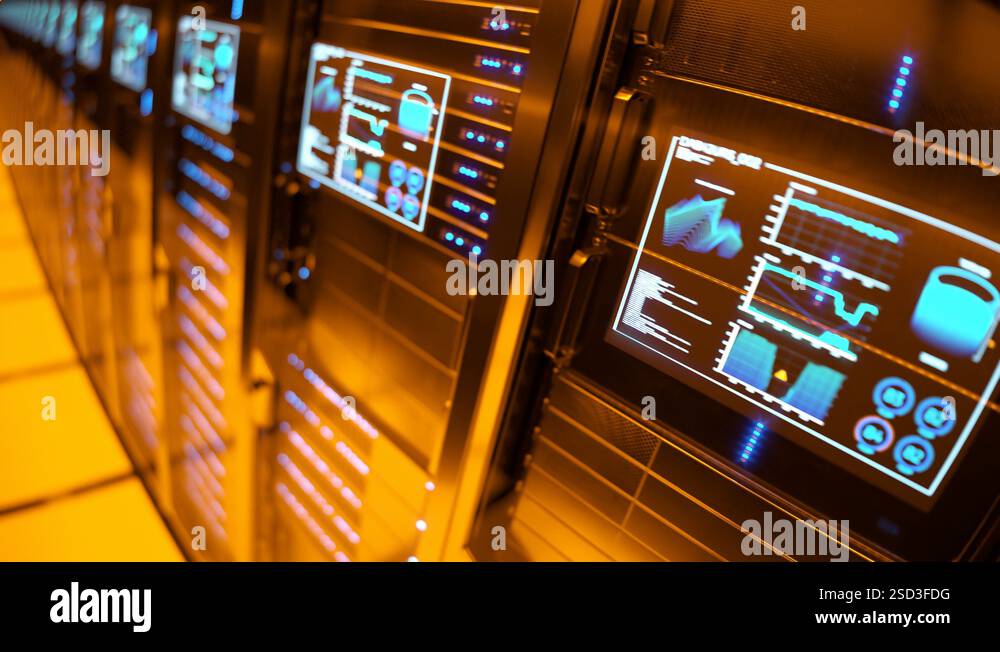 Server room corridor illuminated by orange light. Endless looping ...