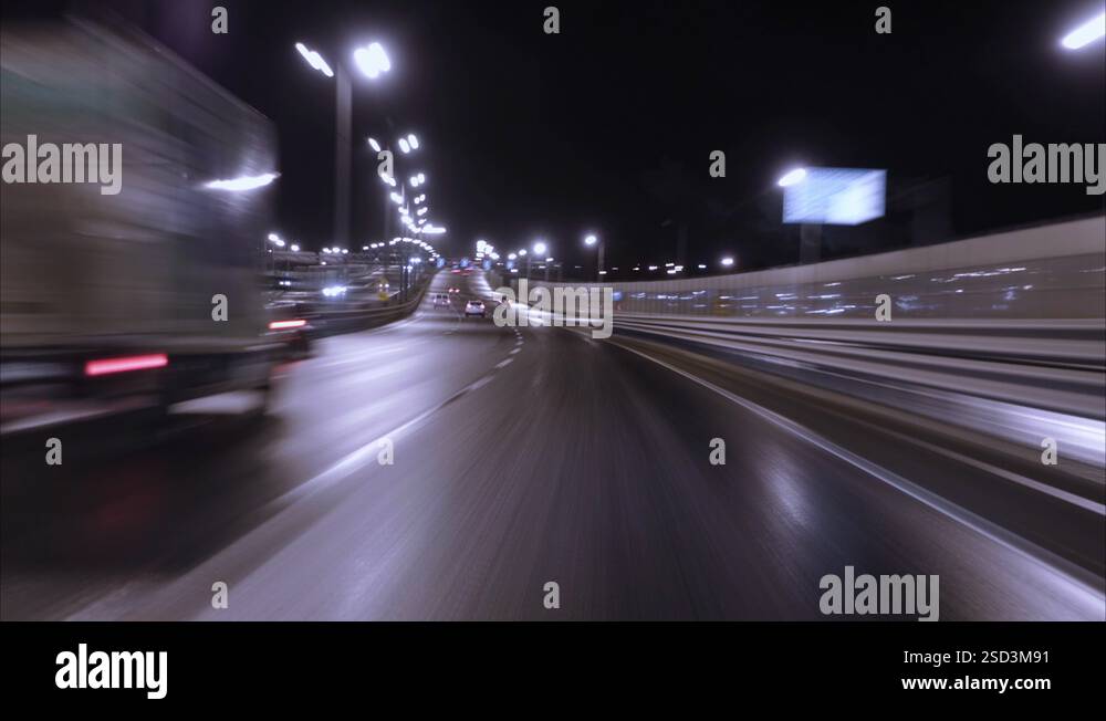 Driving Car On Street City At Dark. Time Lapse. Evening Street Lights ...
