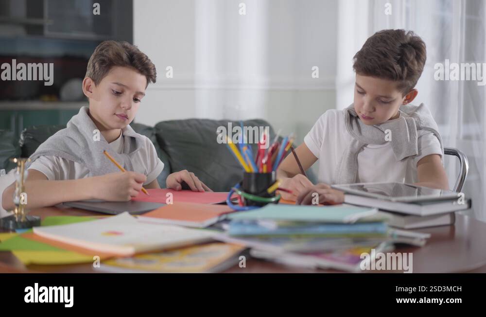 Two smart Caucasian twin brothers drawing at home with colorful pencils ...