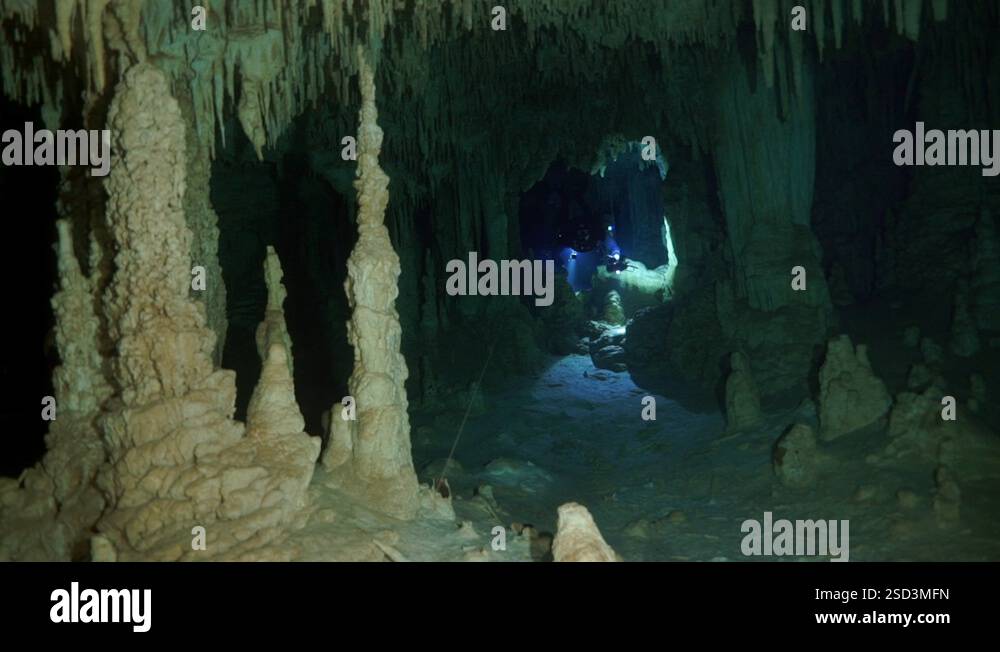 Cave diving in underwater caves of Yucatan Mexico cenotes Stock Video ...