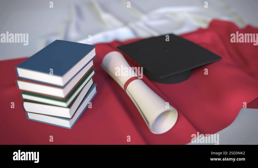 Graduation cap, books and diploma on the Polish flag. Higher education ...