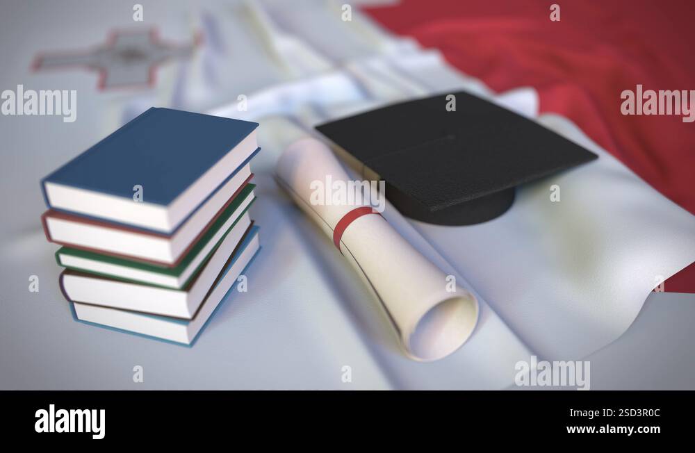 Graduation cap, books and diploma on the Maltese flag. Higher education ...