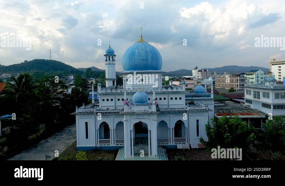 Wide shot aerial drone footage.Flying.The mosque of Betong, Yala is in ...
