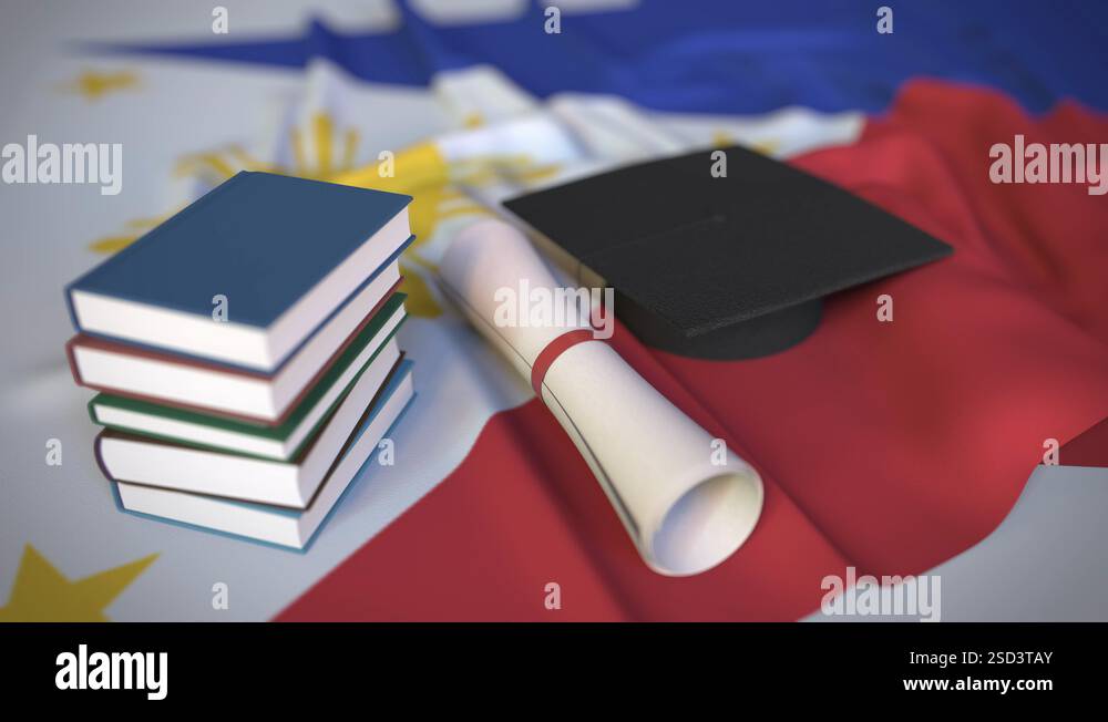 Graduation cap, books and diploma on the flag. Higher education in the ...