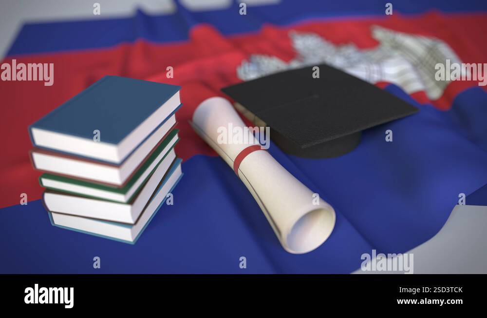 Graduation cap, books and diploma on the Cambodian flag. Higher ...