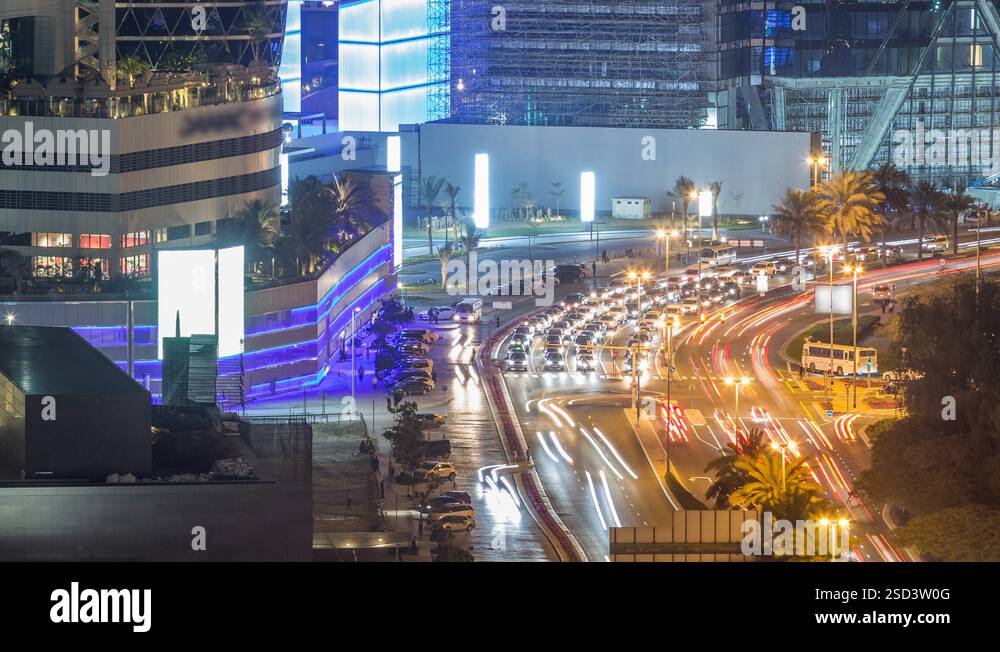 Skyline view of intersection traffic on Al Saada street near DIFC night ...