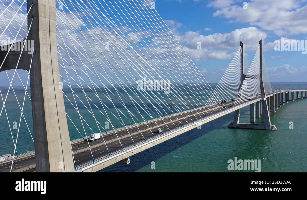 Lisbon sightseeing from above - The Vasco da Gama Bridge Stock Video ...