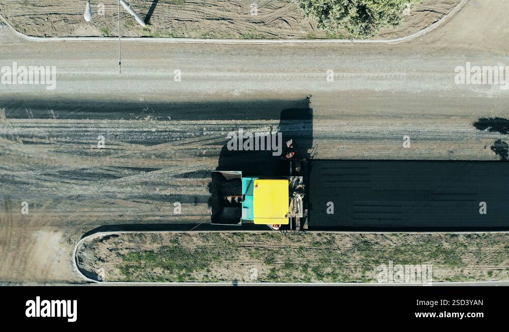 Road construction process. Top view of a roadway in progress with the ...