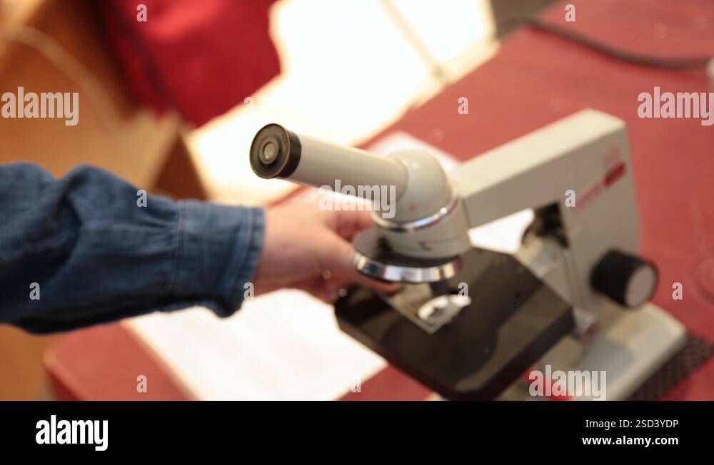 kid looking through microscope at tiny object Stock Video Footage - Alamy