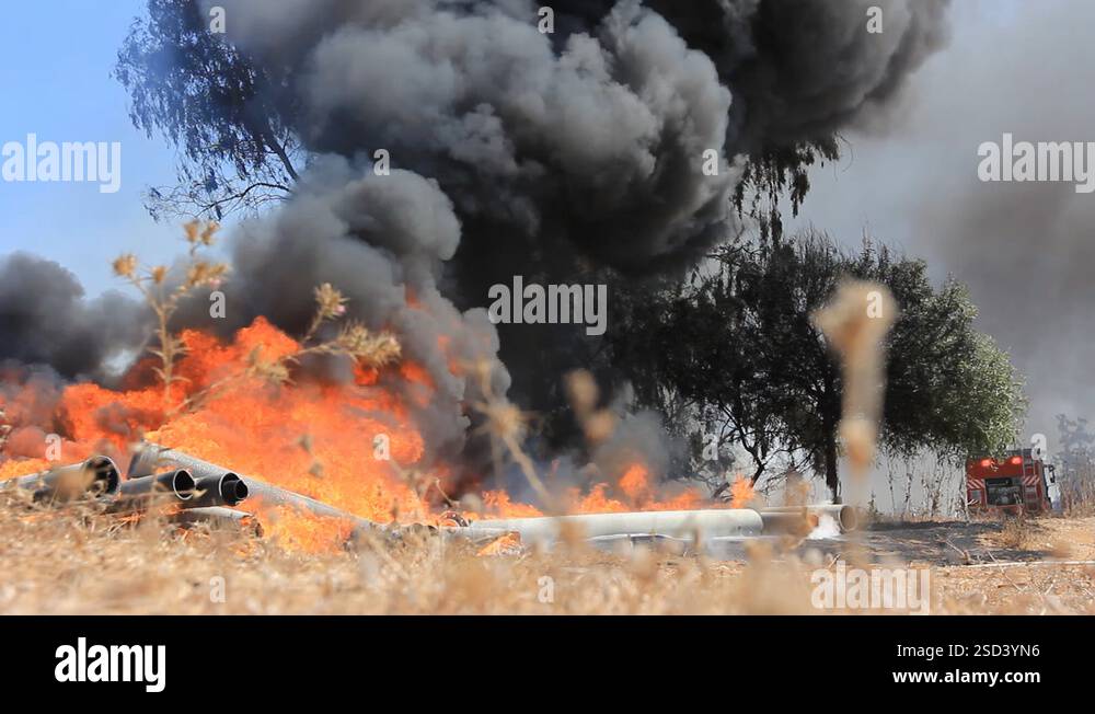 Fireman extinguishing burning grass forest Emergency flames smoke fire ...