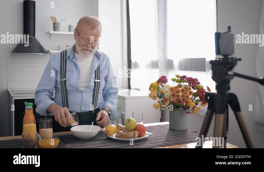 proper nutrition, smiling kind man blogger tells his subscriber a ...