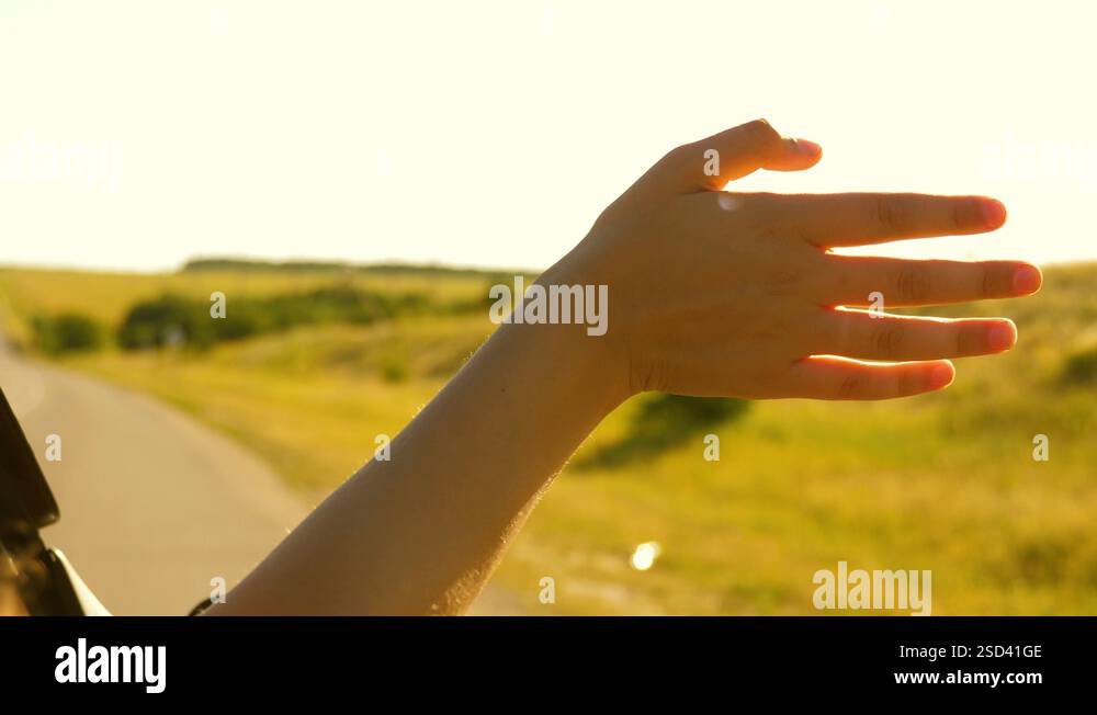 woman traveler rides by car. a hand from the car window catches the ...