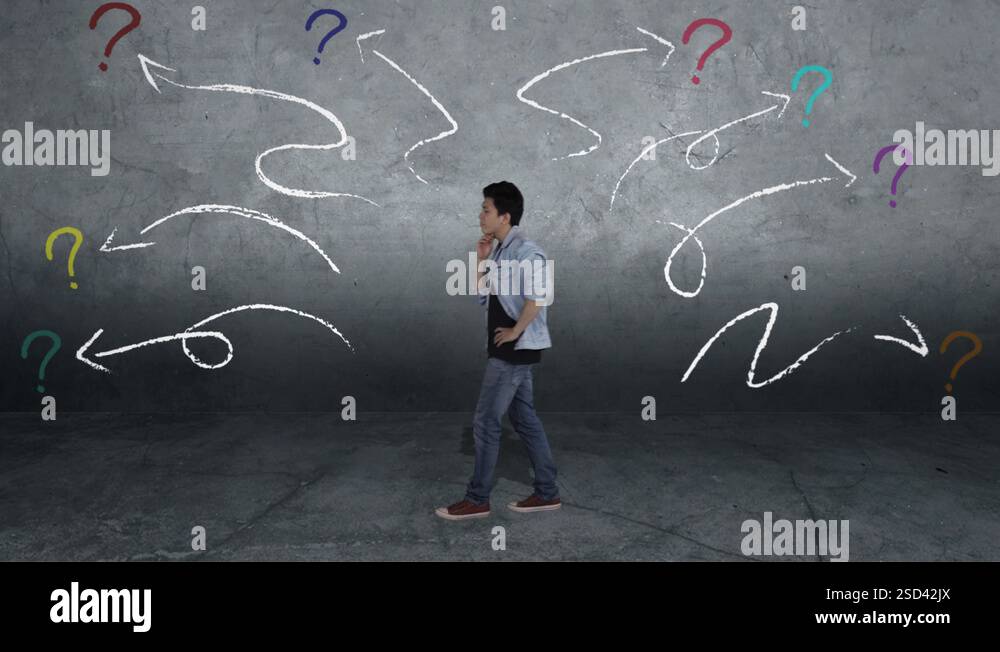 Man walking with arrows symbol and question mark Stock Video Footage ...