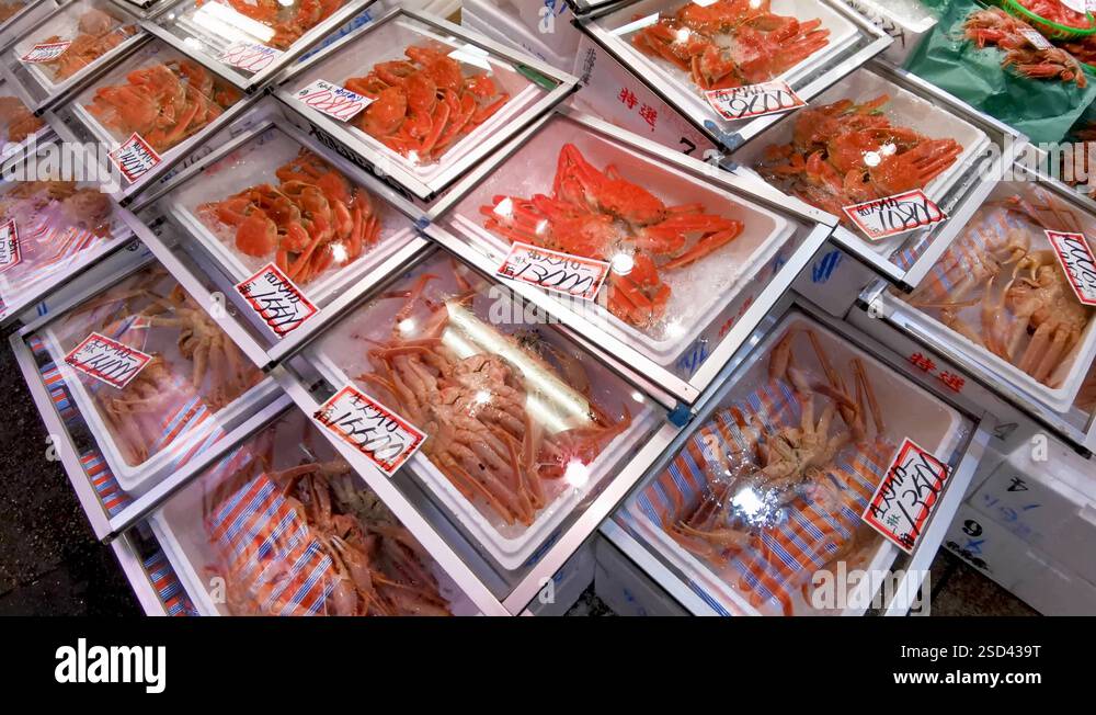 Many jumbo crabs package ice box selling in fish market store, hair ...