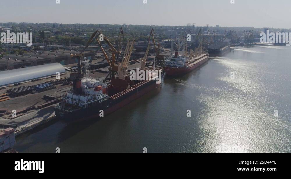 The general plan of a large seaport, Flight over the port with cargo ...