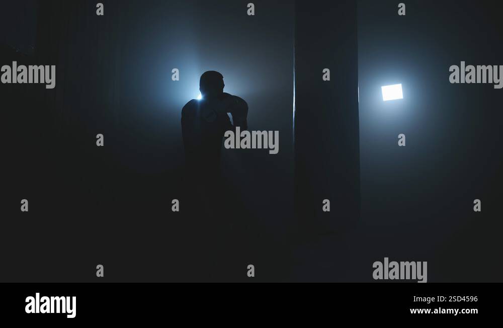 Alone boxer hits punching bag. Sportsman boxing in smoky studio. 4K ...