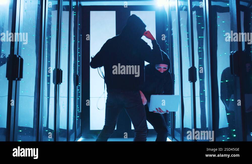 Successful cybercrime. Happy hooded computer hackers having fun in ...