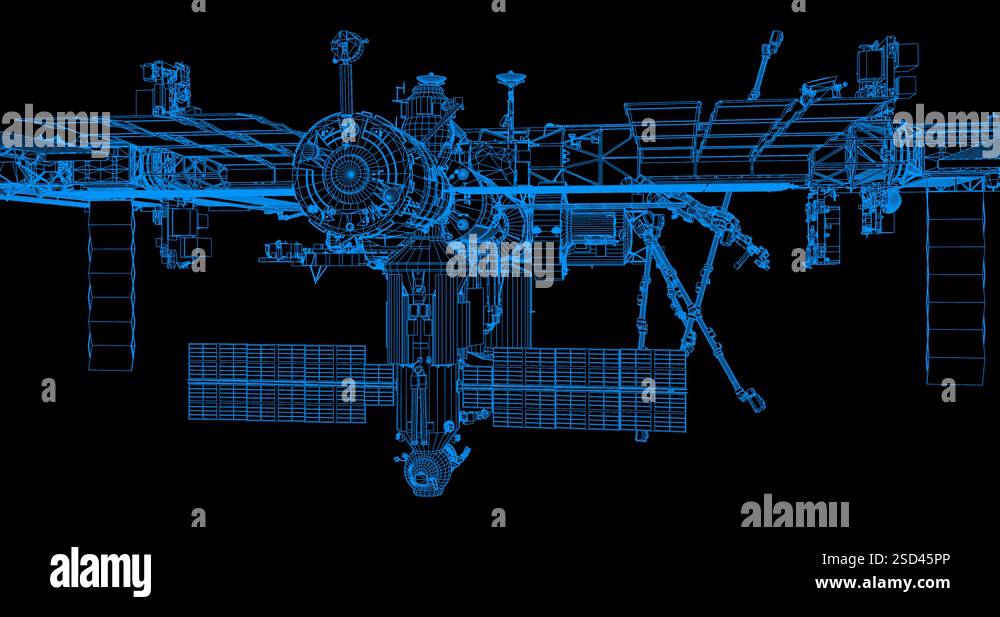 Slowly rotating 3D schematic wireframe of the ISS, level camera Stock ...