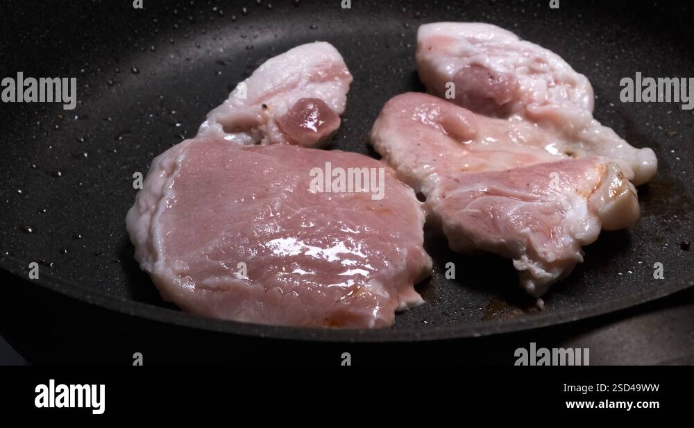 Cook meat, roast pork, raw meat, hearty breakfast, hot pan, turn over ...