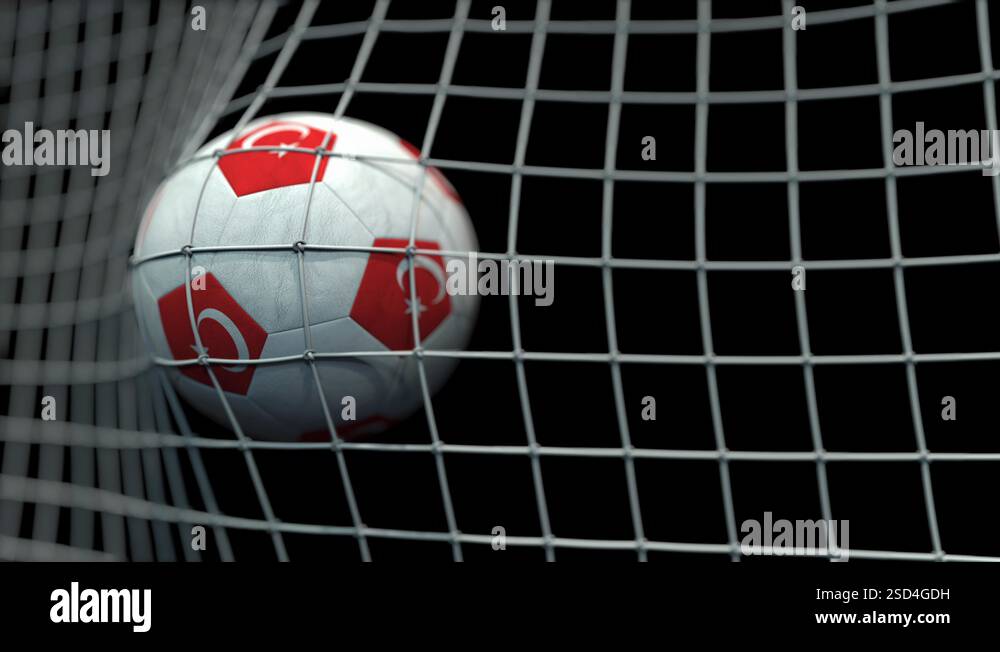 Ball with flags of Turkey in goal against black background. Conceptual ...