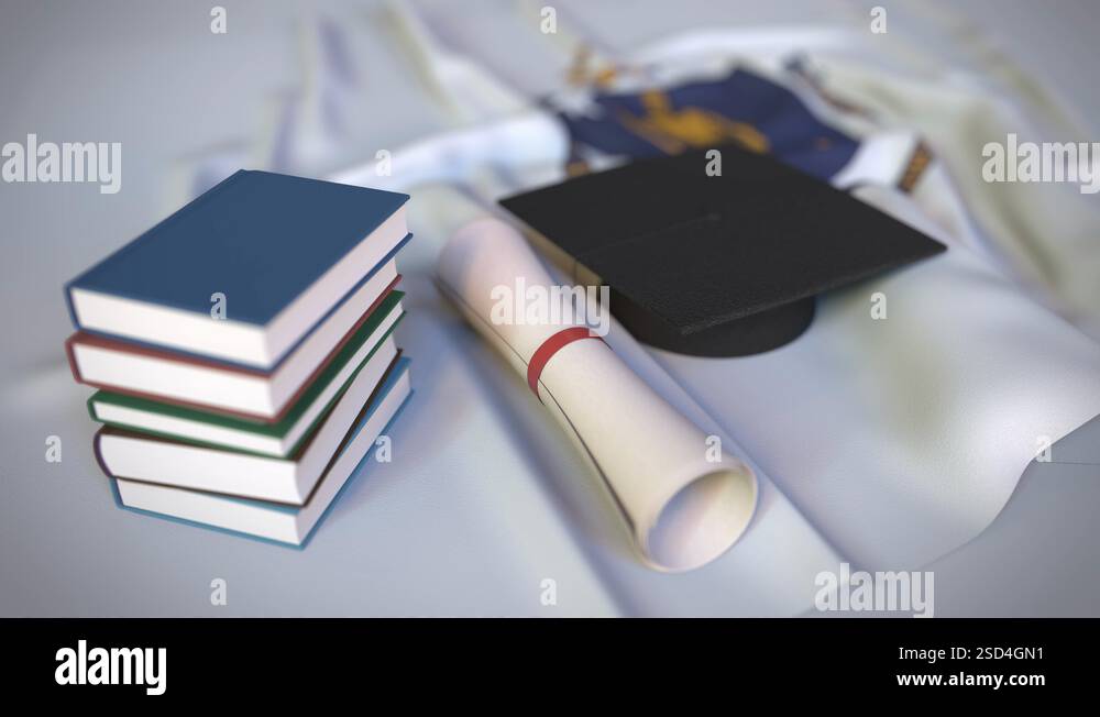 Graduation cap, books and diploma on the flag of Massachusetts. Higher ...