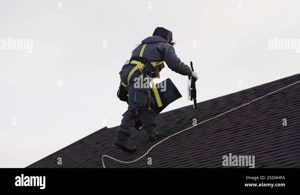 Tiler makes roof ridge working on the rooftop. Frame house under ...