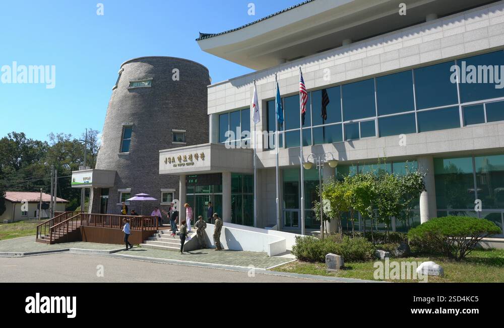 Tourists at JSA Area visitor centre at Camp Bonifas in the DMZ South ...