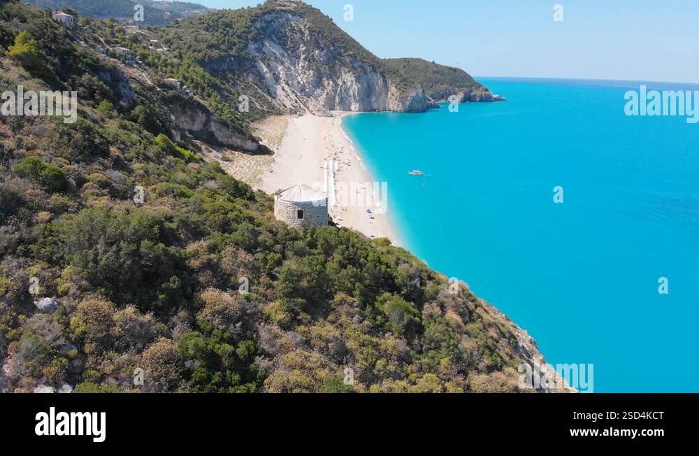 Aerial shot of beautiful Milos beach on Lefkada island, Greece Stock ...