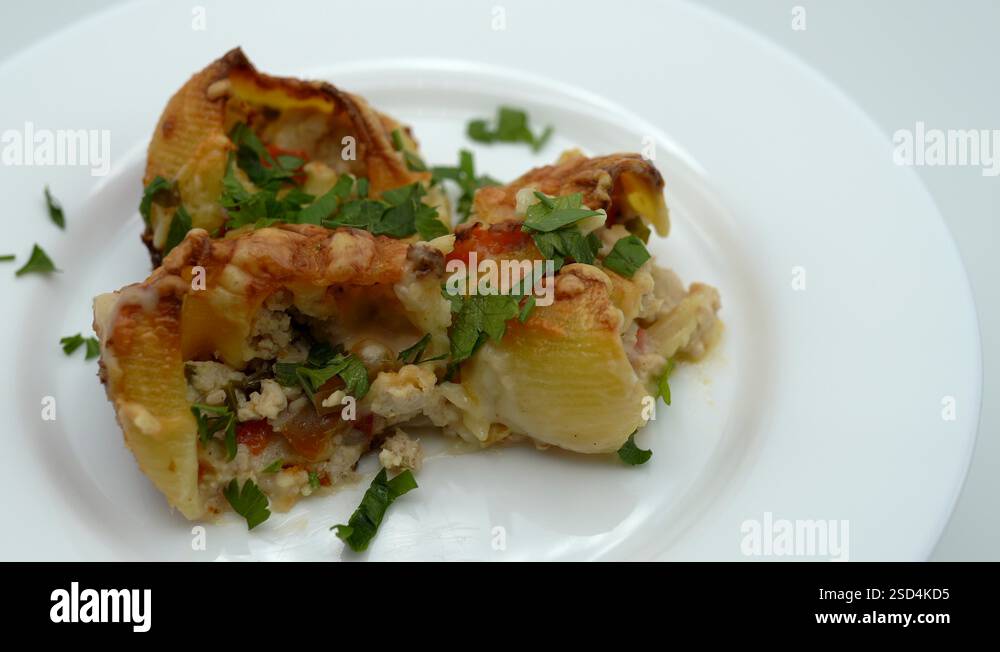 Close-up of ready-to-eat cooked italian pasta in stove with meat and ...