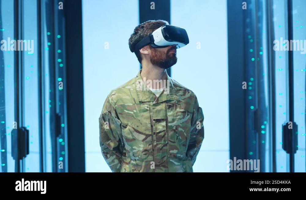 Military man wearing VR headset virtually inspecting operational server ...