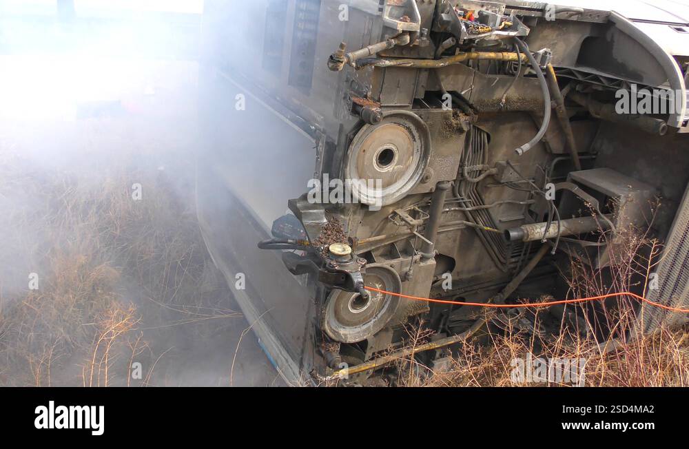 A train car was derailed, it is smoking and burning Stock Video Footage ...
