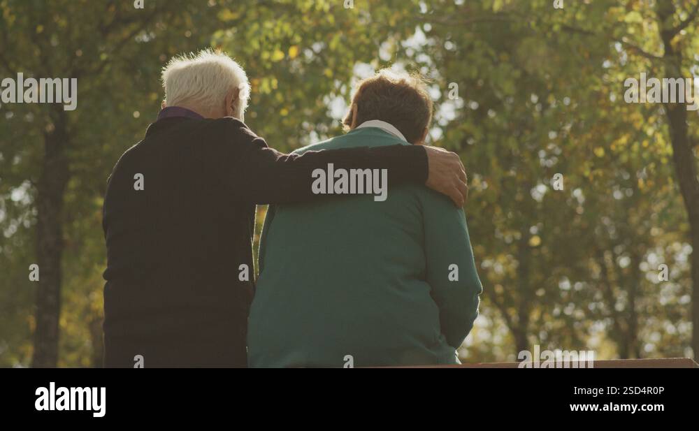 Back View Of Happy Caucasian Old Couple Sitting In Bench And Hugging ...