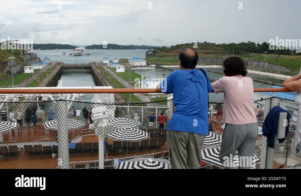 Passengers enjoying the Panama Canal crossing inside a luxury Cruise ...