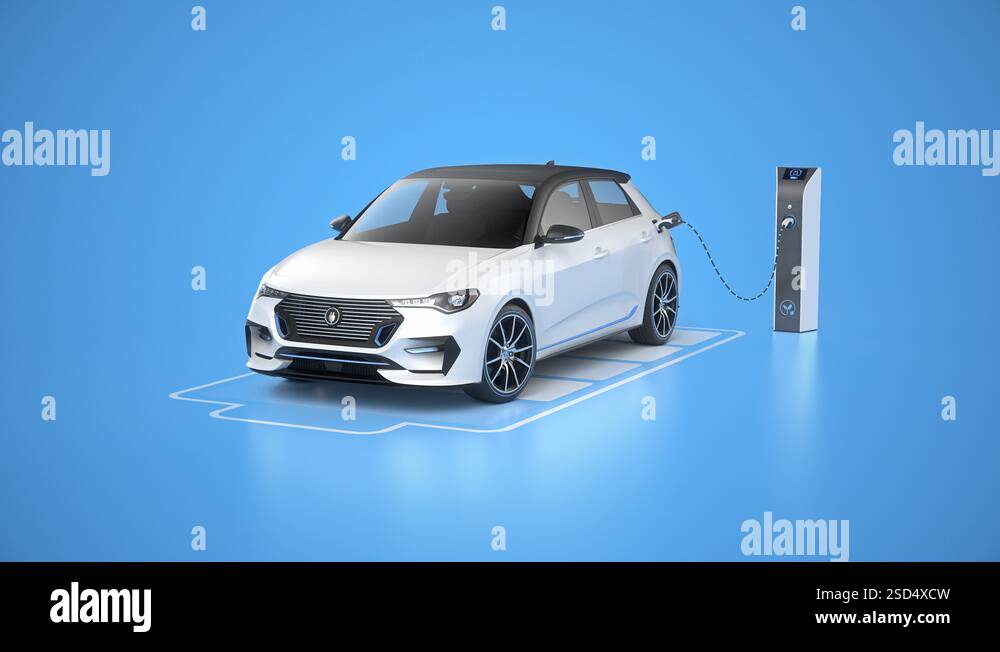 Zoom into a white electric self driving car charging on blue background ...