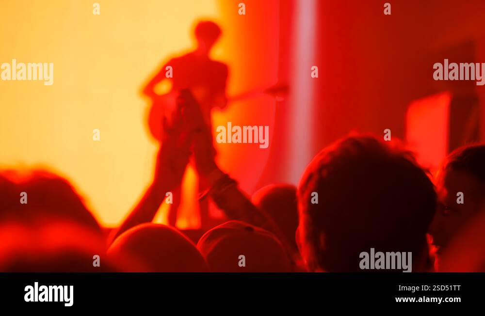 Silhouettes of people partying and clapping at rock concert with red ...