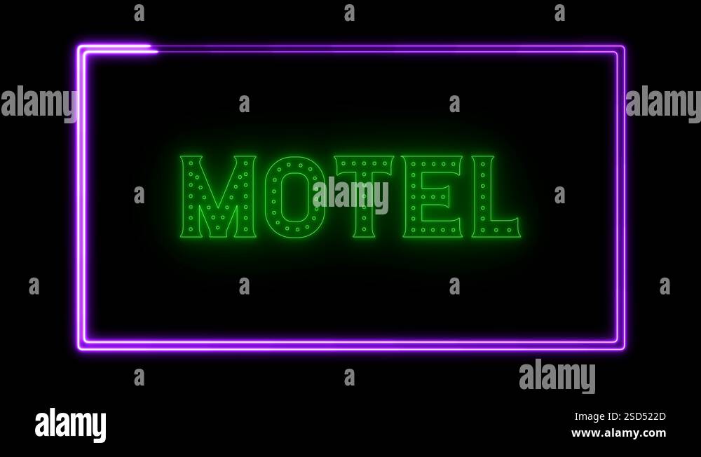 Hotel, motel neon sign fluorescent light glowing on banner background ...
