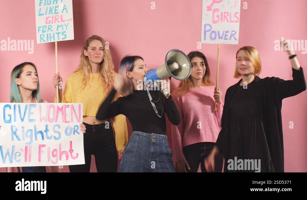 Feminism concept. Five young girls feminists advocating feminism ...