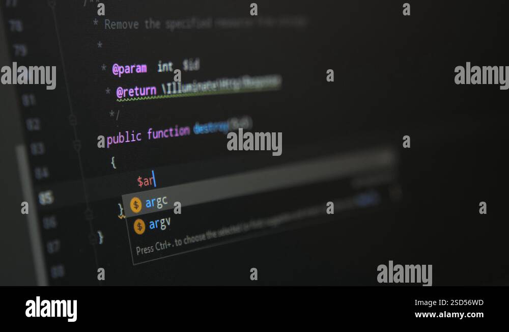 The programming job displayed on a big black computer screen with many ...