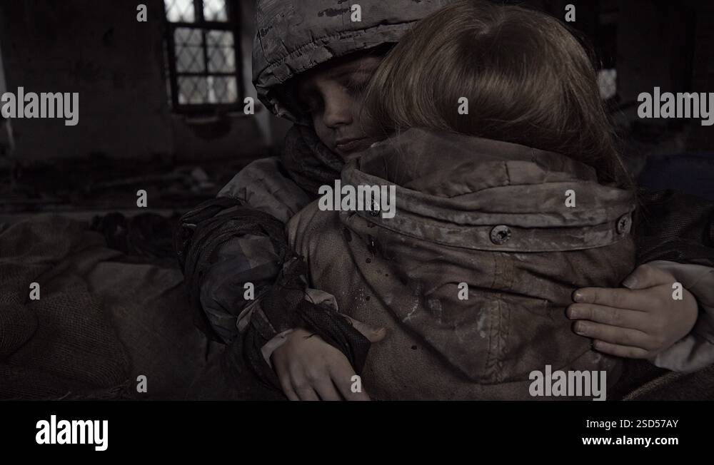 Homeless children hug each other in support of the ruins. Apocalypse ...