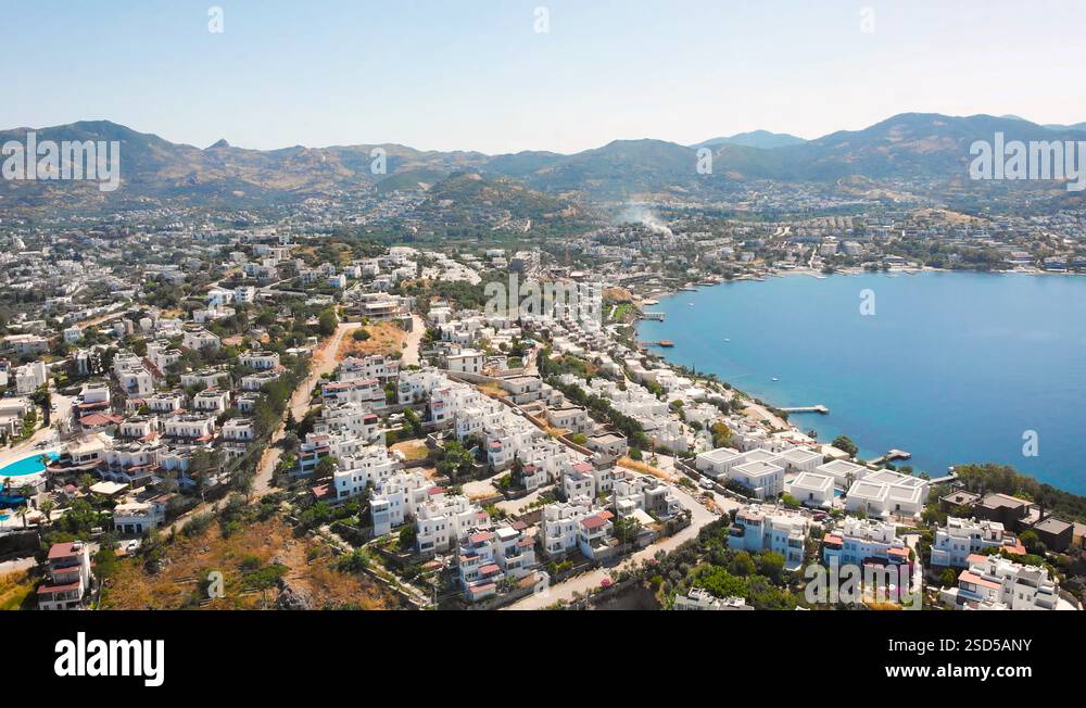 Bird eye view of the city with Hotels and white houses onthe Ocean ...