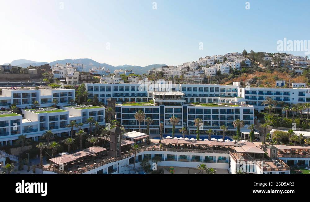 Bird eye view of the city with Hotels and white houses onthe Ocean ...