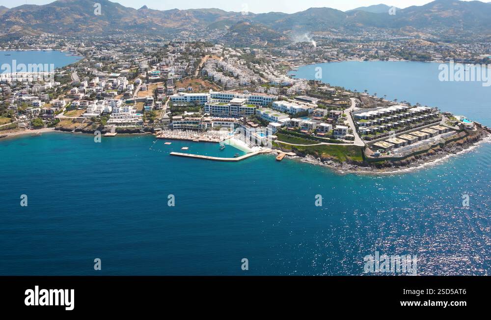 Bird eye view of the city with Hotels and white houses onthe Ocean ...