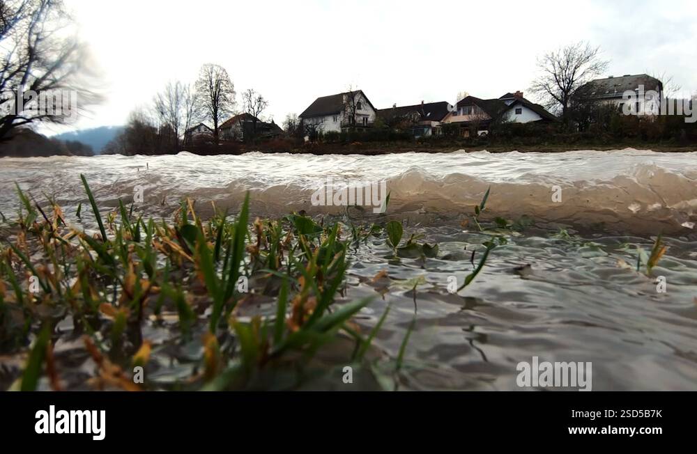 Low angle water floods river bank grass after season rain Stock Video ...