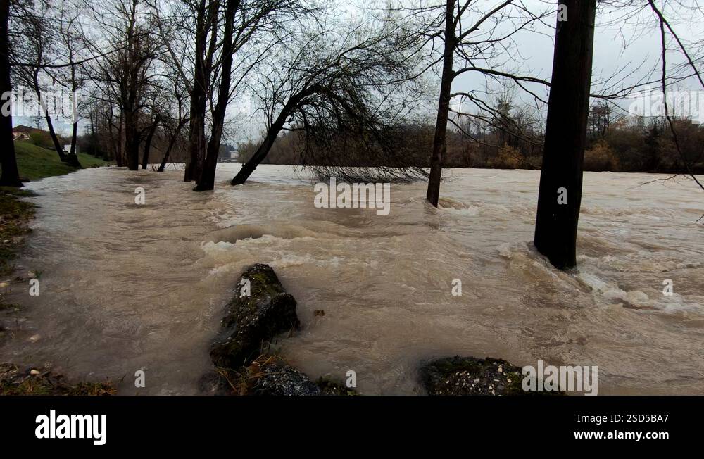 Slow motion low angle water floods river bank grass and trees after ...