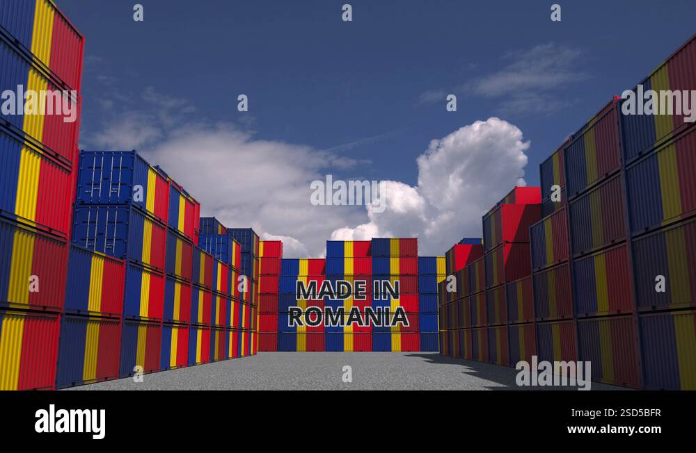 Containers with MADE IN ROMANIA text and national flags. Romanian ...