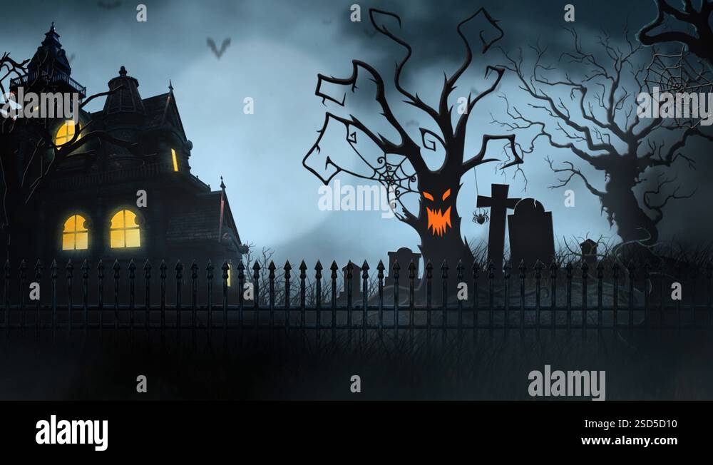 Haunted House with Tombstones and Animated Tree 4K Loop Stock Video ...